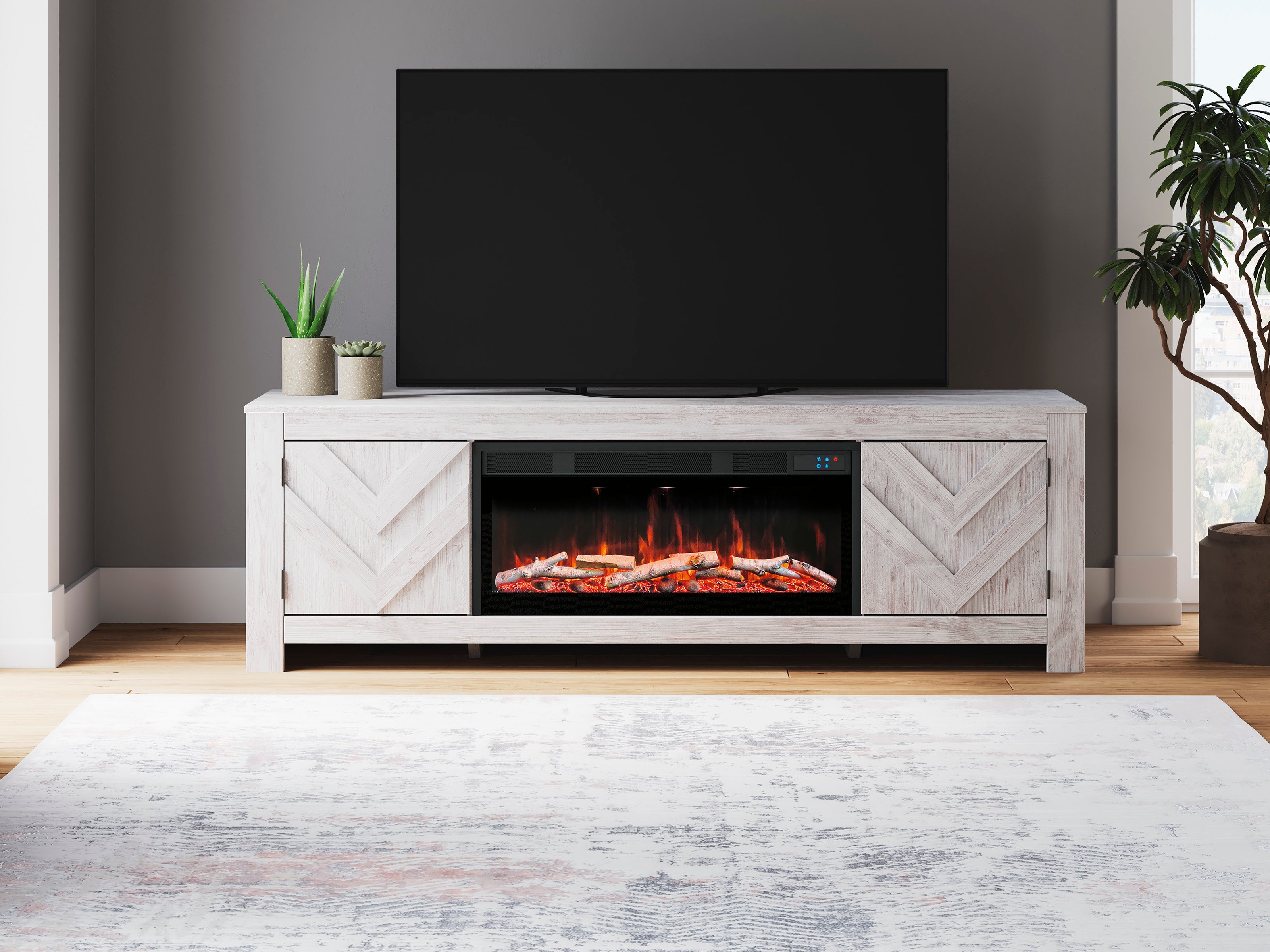 Cayboni Whitewash TV Stand w/ Fireplace – WCC Furniture & Mattress Center